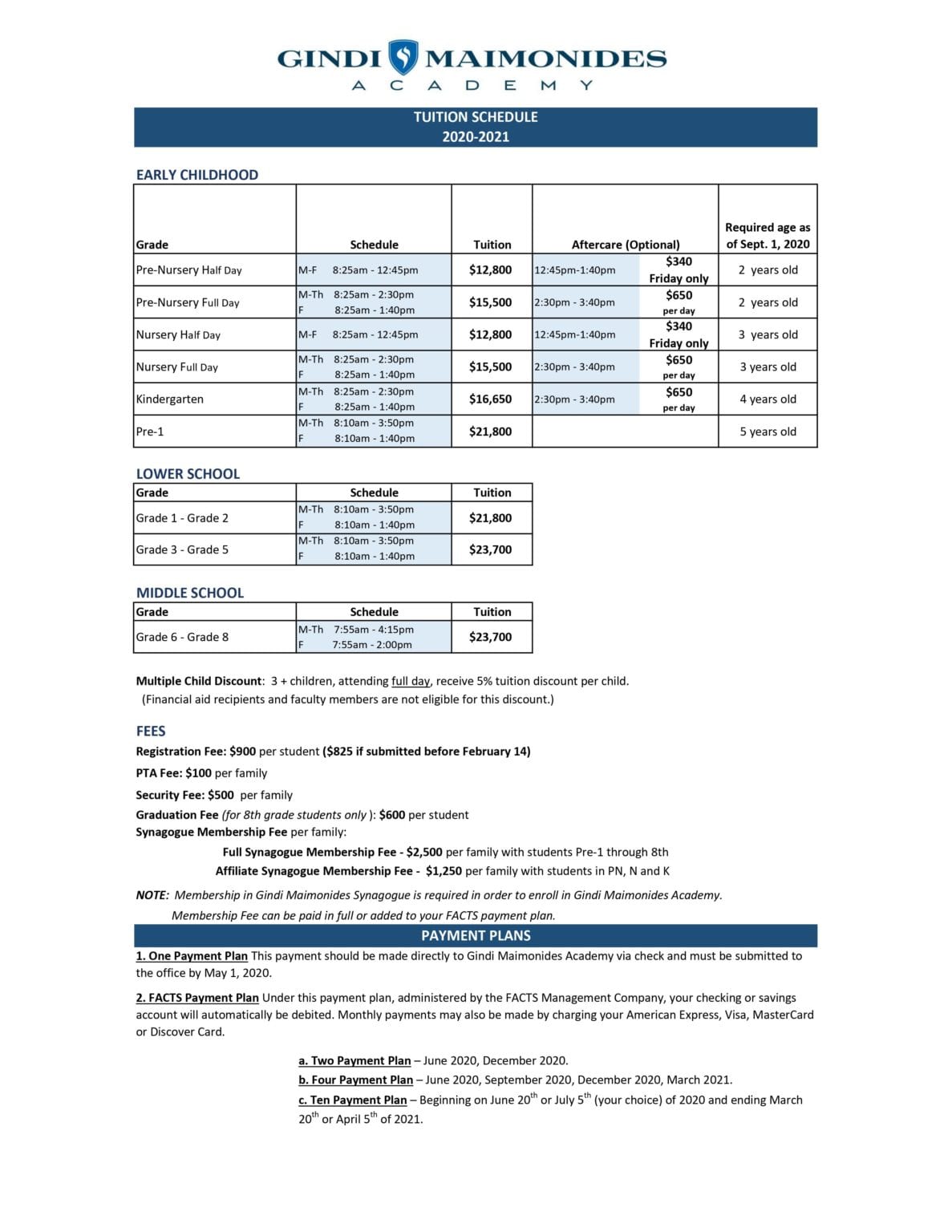 Tuition, Fees and Schedule - Gindi Maimonides Academy | Gindi ...